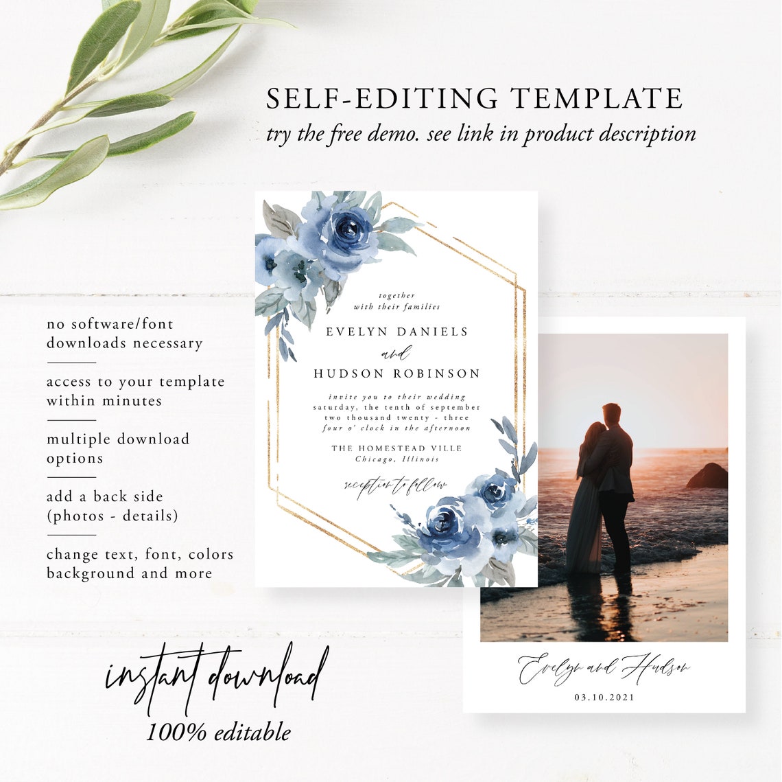 Dusty Blue Wedding Invitation Set Instant Download Template - Etsy