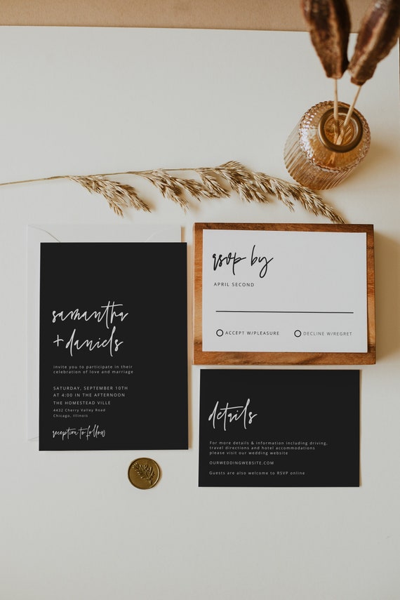 Black Wedding Invitation Modern Wedding Invitation Template - Etsy