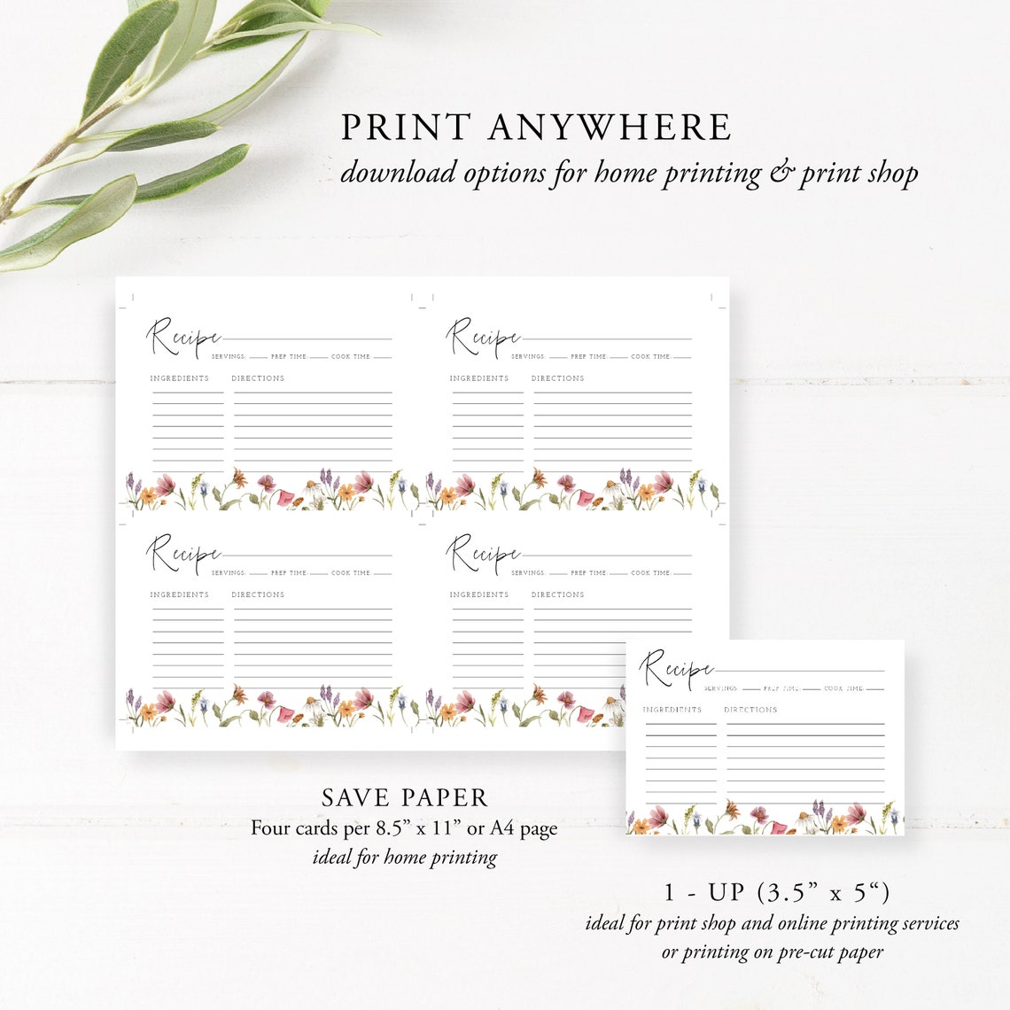 Wildflower Recipe Card Template Bohemian Bridal Shower Recipe - Etsy