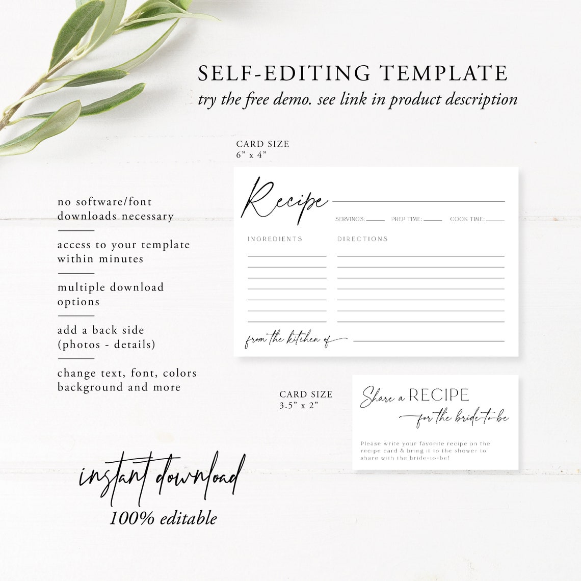 Minimalist Recipe Card Template Bridal Shower Recipe Card - Etsy