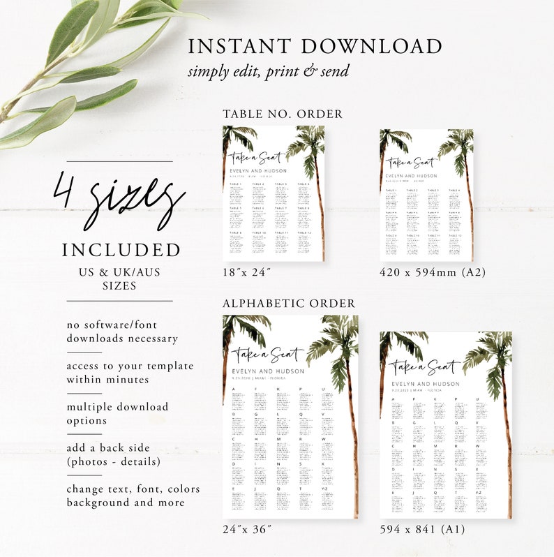 Palm Tree Seating Chart Poster Minimal Printable Wedding | Etsy