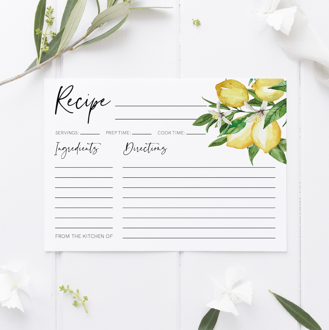 Lemon Recipe Card Template, Citrus Bridal Shower Recipe Insert ...