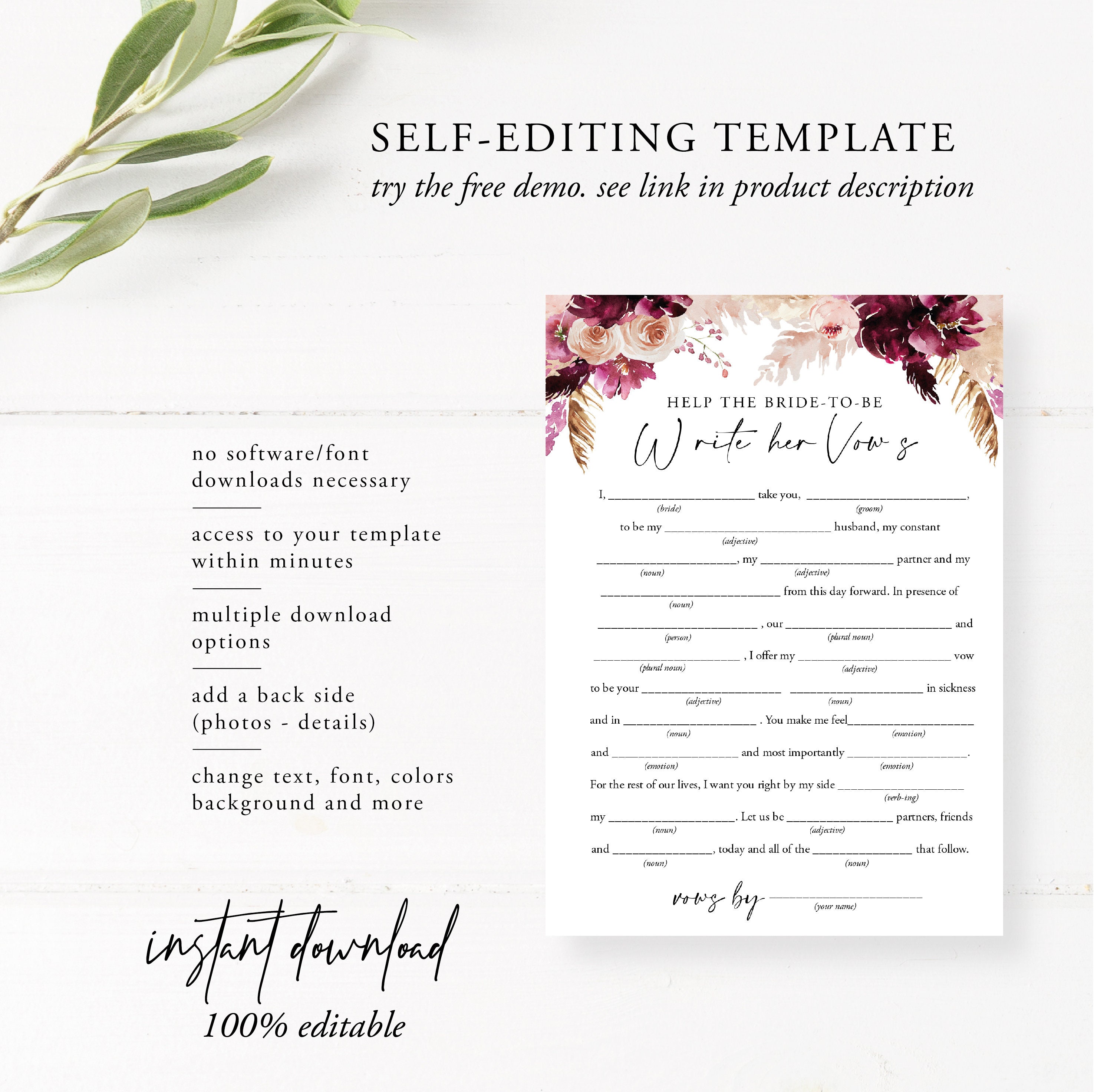 Wedding Vows Mad Lib Write Her Vows Funny Bridal Shower | Etsy