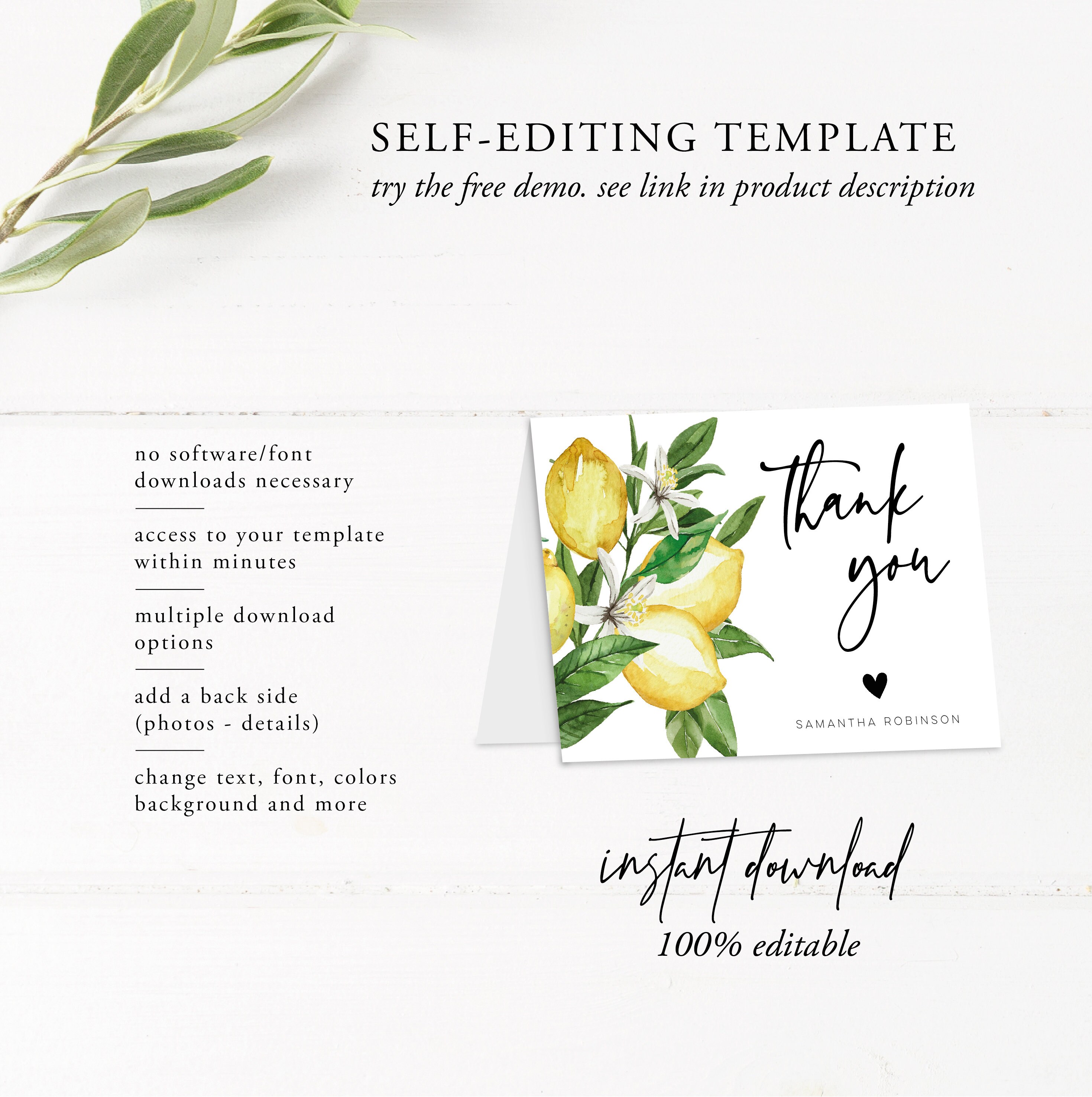 Lemon Thank You Card Template, Citrus Wedding Thank You, Bridal Shower ...