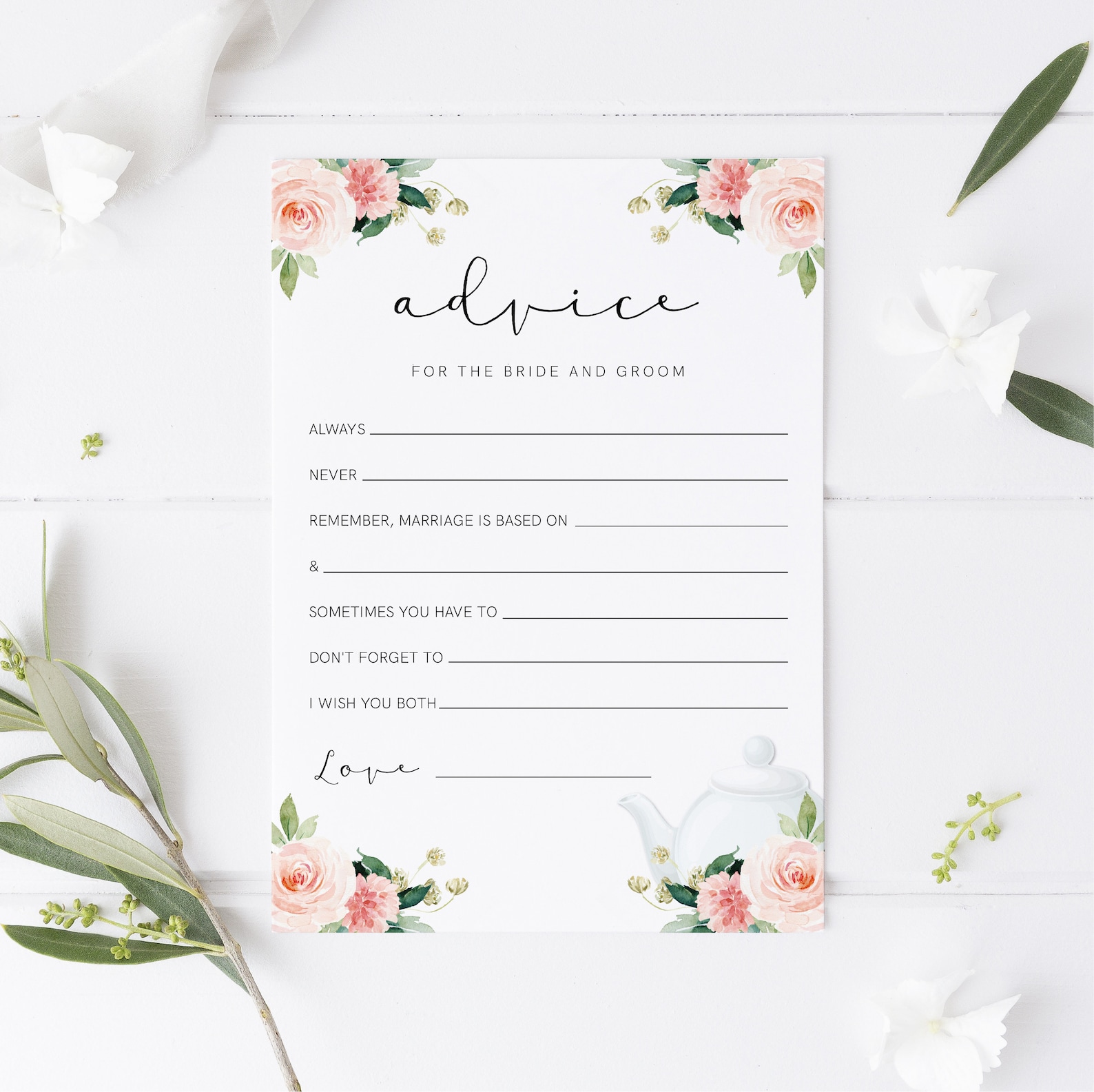 Bridal Shower Advice Card, Tea Party, Wedding Advice for the Bride and ...