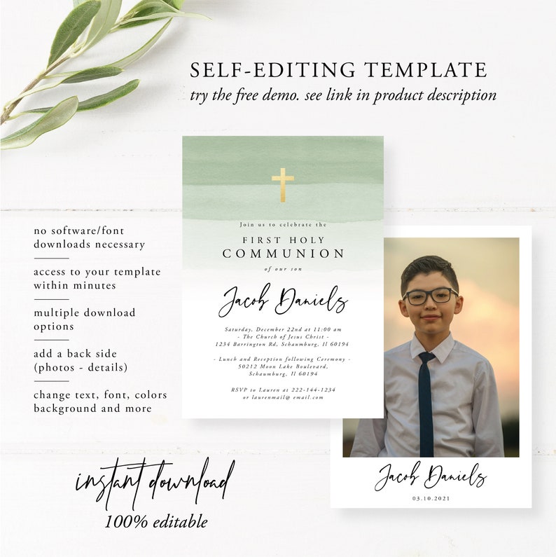 Green Watercolor First Communion Invitation Template First - Etsy
