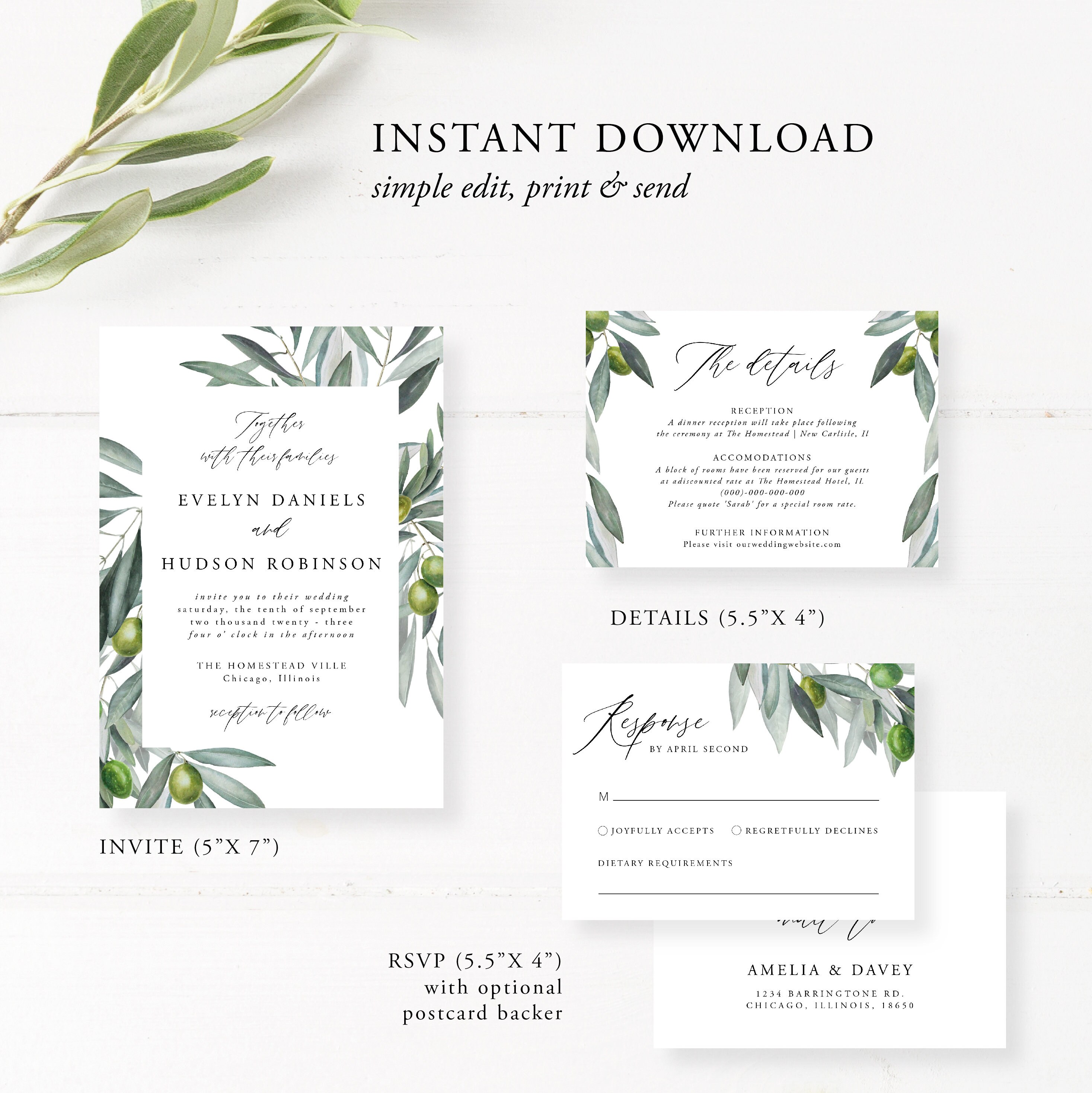 Olive Wedding Invitation Suite Template, Delicate Greenery Weeding ...