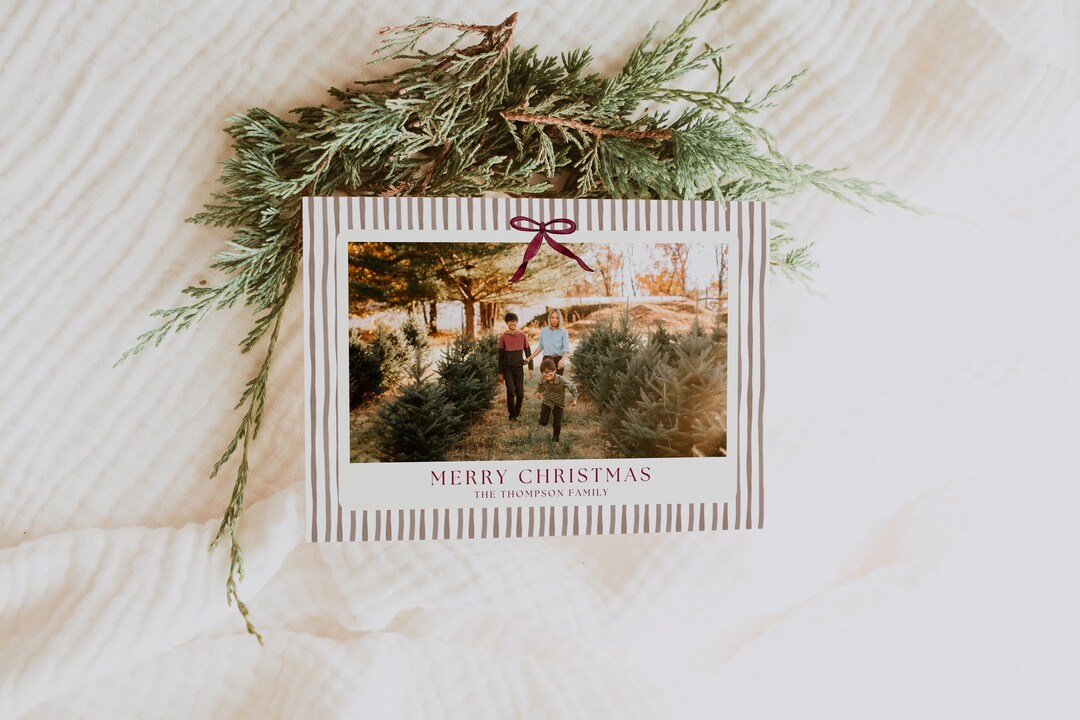 Neutral Happy Holidays Photo Card Template, Modern Stripe Christmas ...