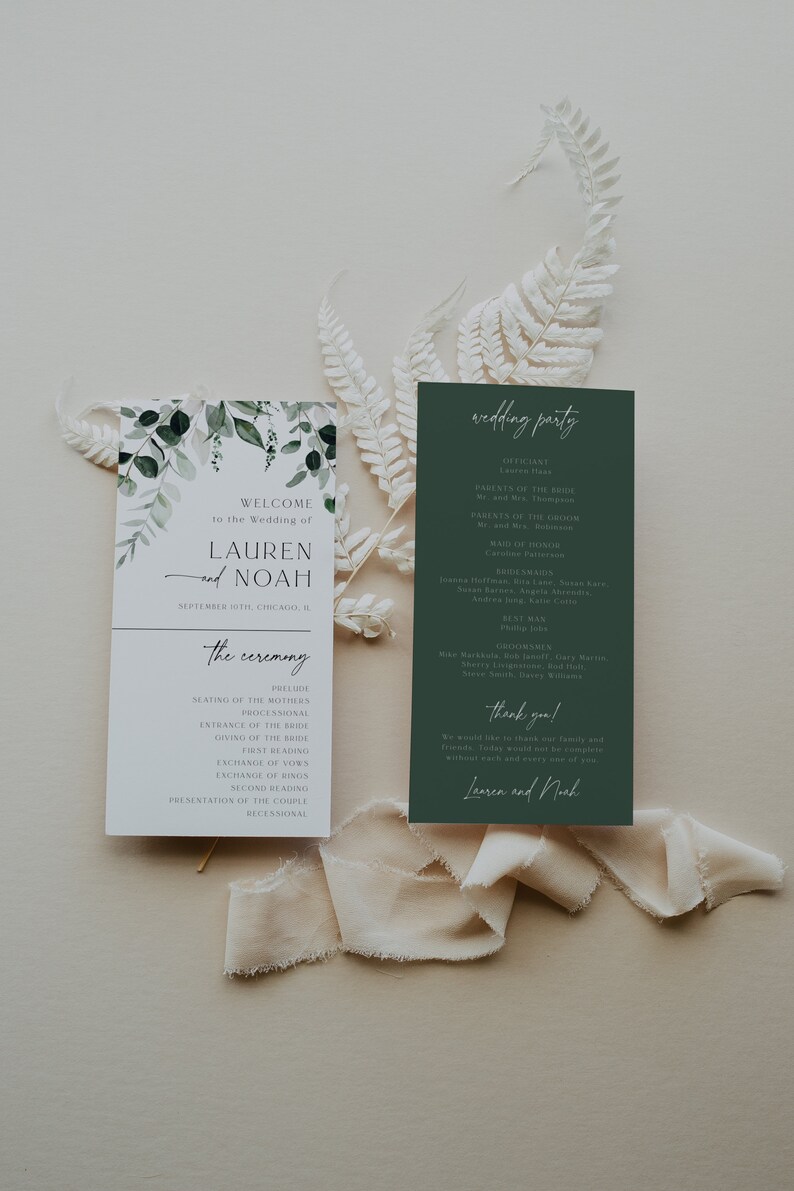 Greenery Wedding Program Template Leaves Wedding Program - Etsy