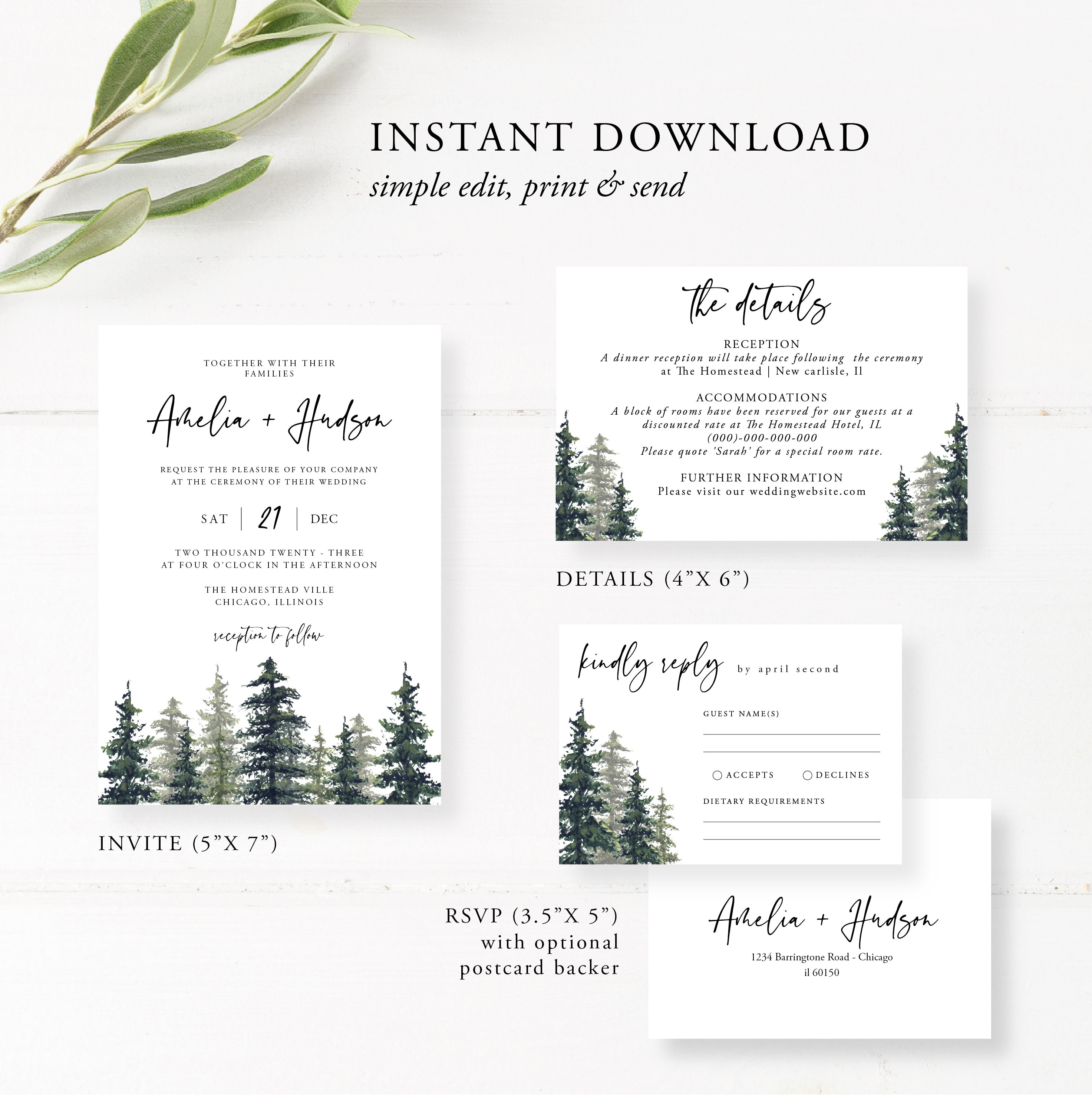 Pine Wedding Invitation Set Mountain Woodland Pine Rustic - Etsy