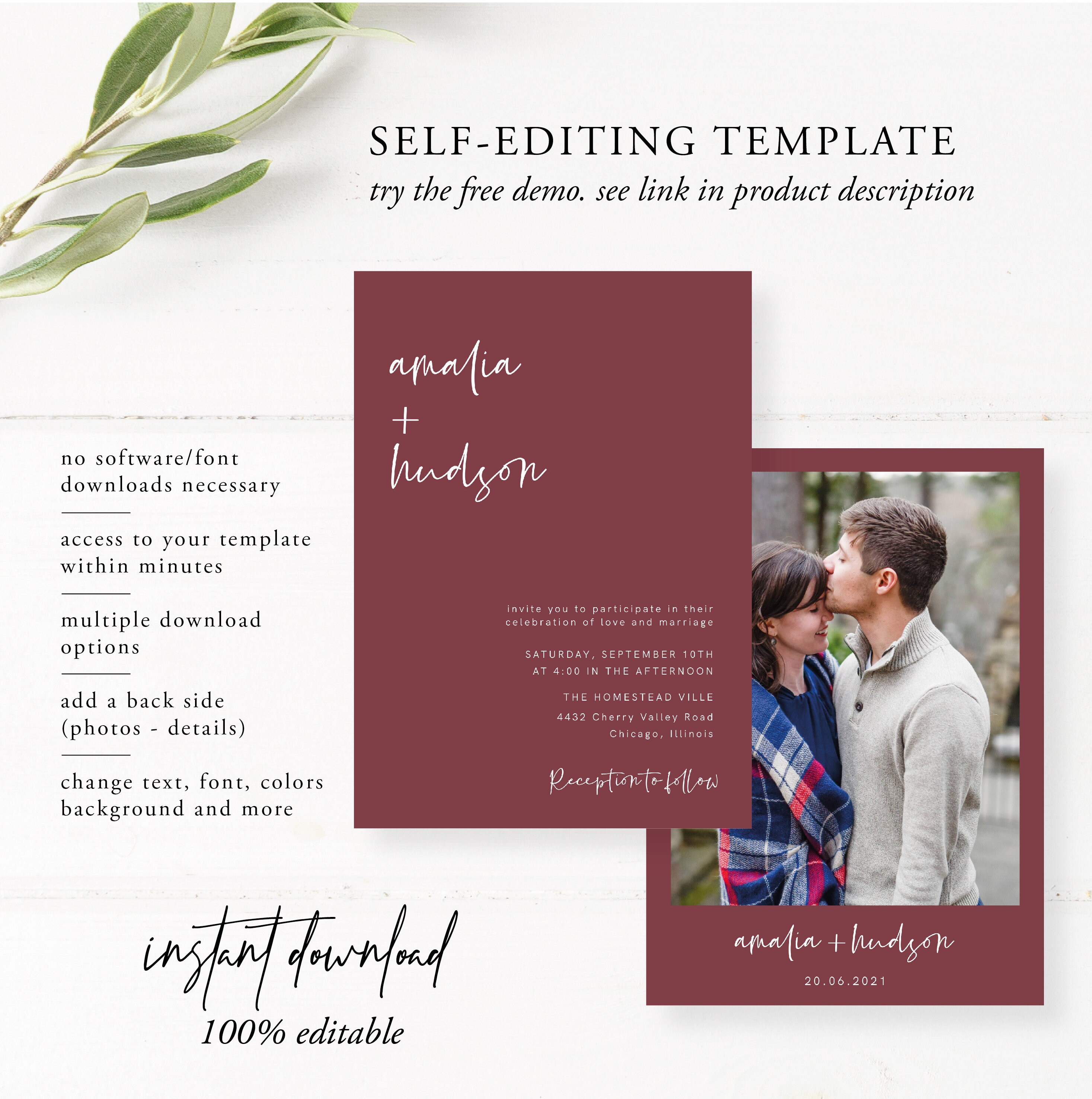 Burgundy Wedding Invitation Template Burgundy Navy Burgundy - Etsy