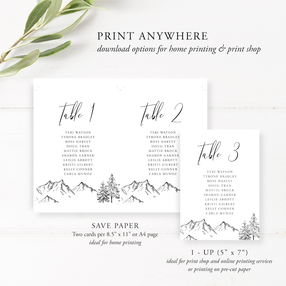 Mountain Wedding Seating Chart Card, Pine Wedding Seating Chart Cards ...