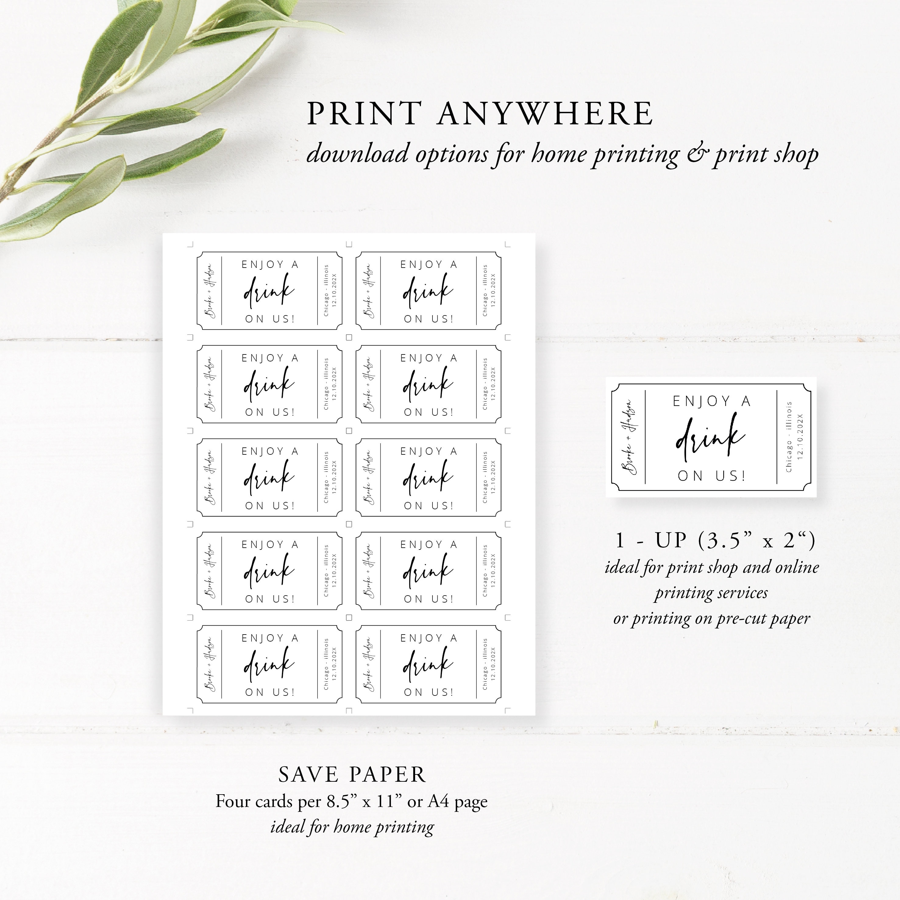 Modern Wedding Drink Ticket Template Minimal Wedding Drink - Etsy