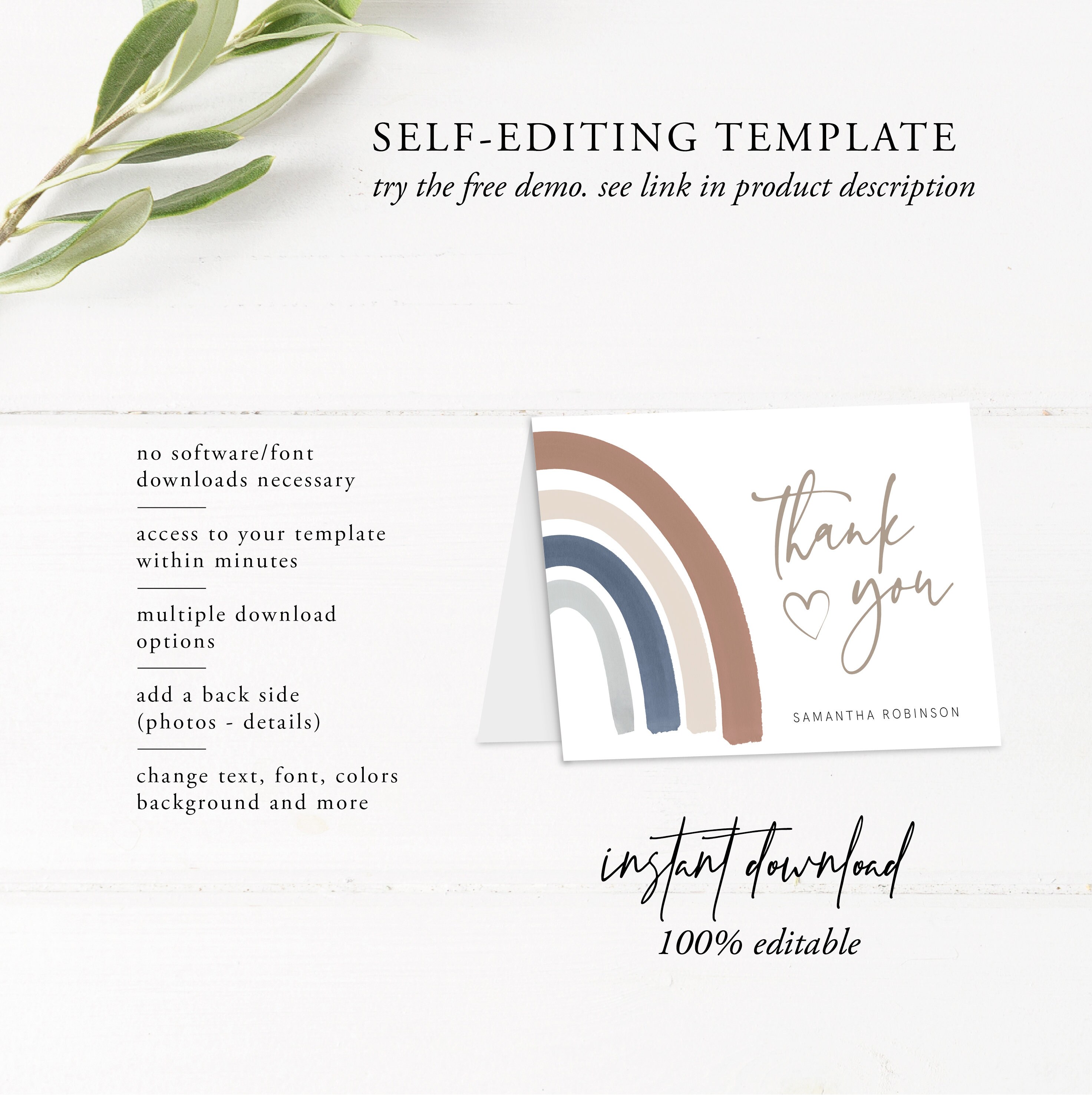 Rainbow Thank You Card, Template, Folded Thank You Note Card , Baby ...