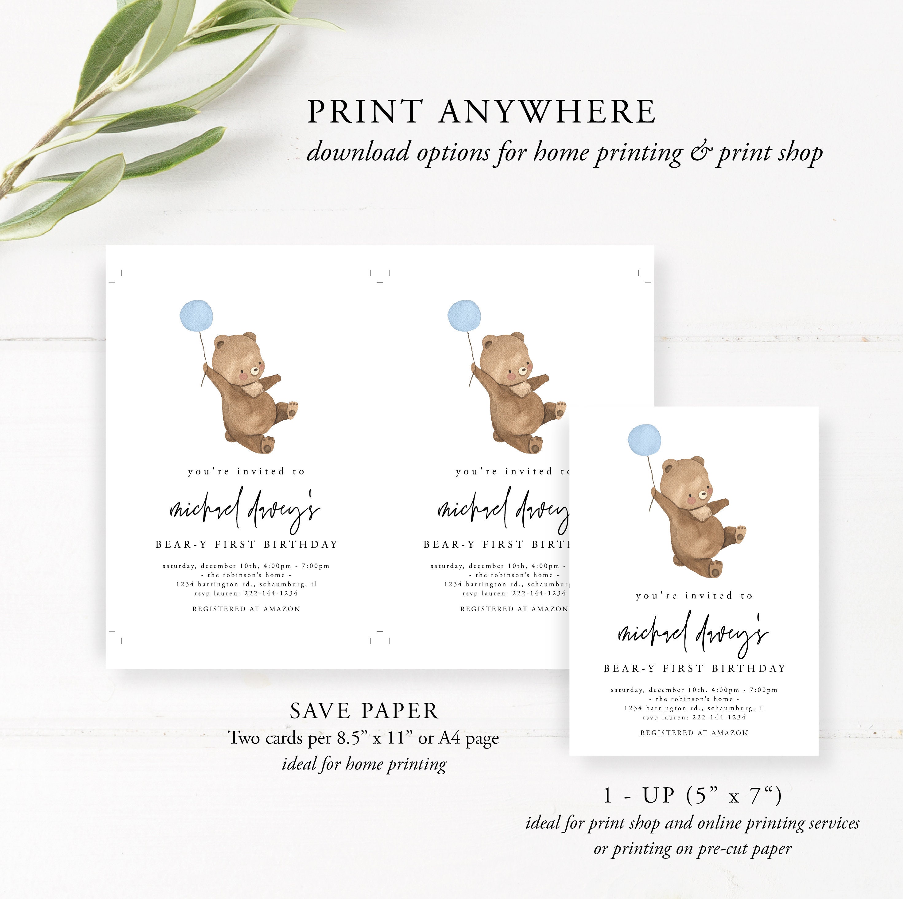 Bear Birthday Invitation Bear-y First Birthday Cute Bear - Etsy