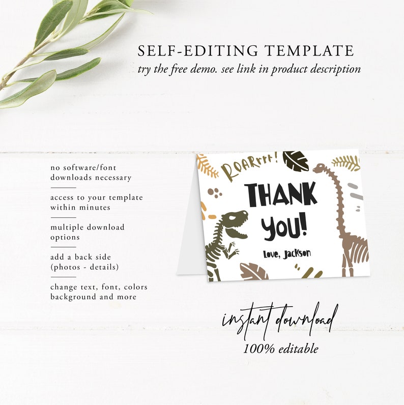 Dinosaur Thank You Card Template Folded Editable Dinosaur - Etsy