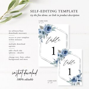 Dusty Blue Table Number Card Template, Dusty Blue Silver Wedding Table ...