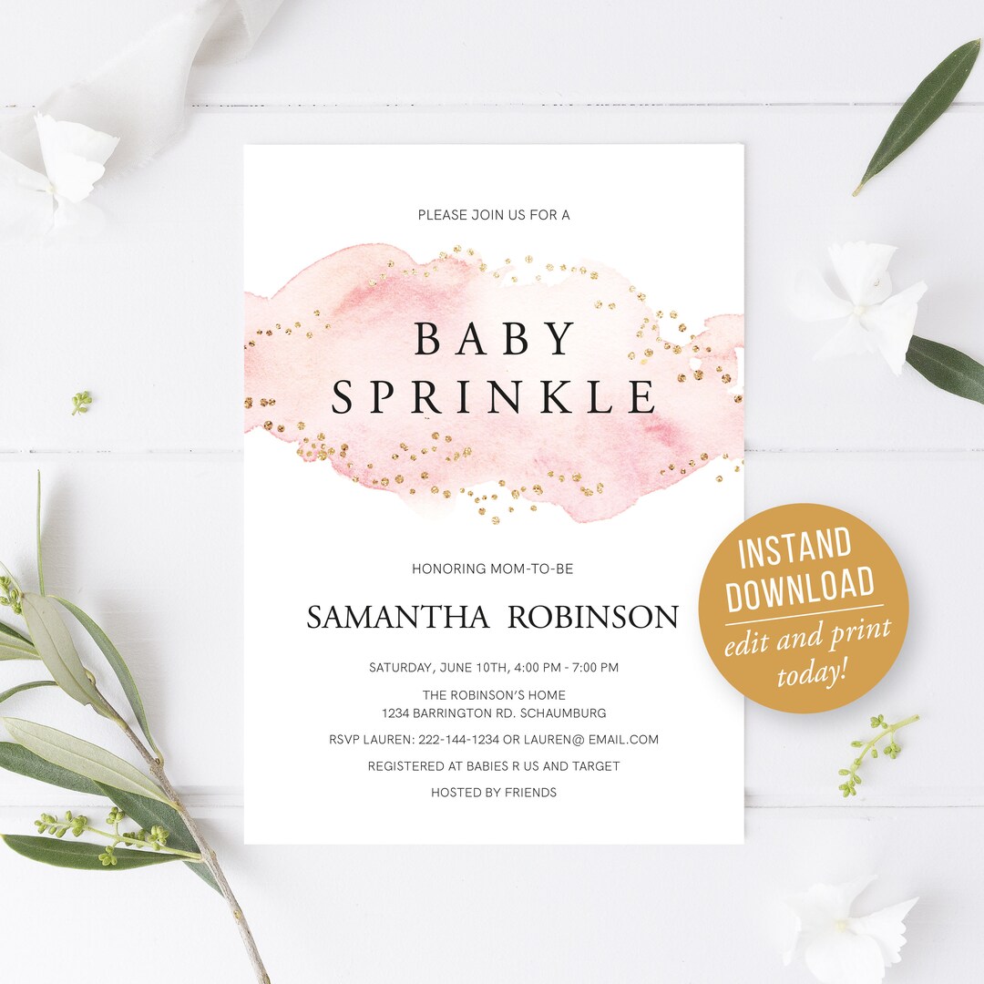 Baby Sprinkle Invitation - Pink Watercolor - Gold - Printable Editable ...