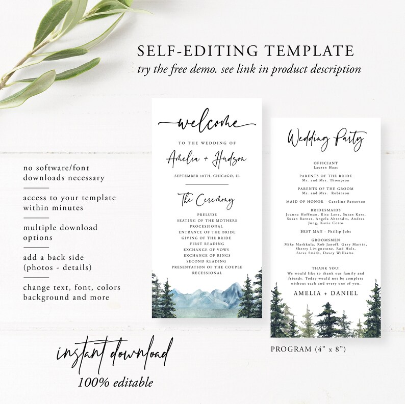 Mountain Wedding Program Template Pine Wedding Program - Etsy