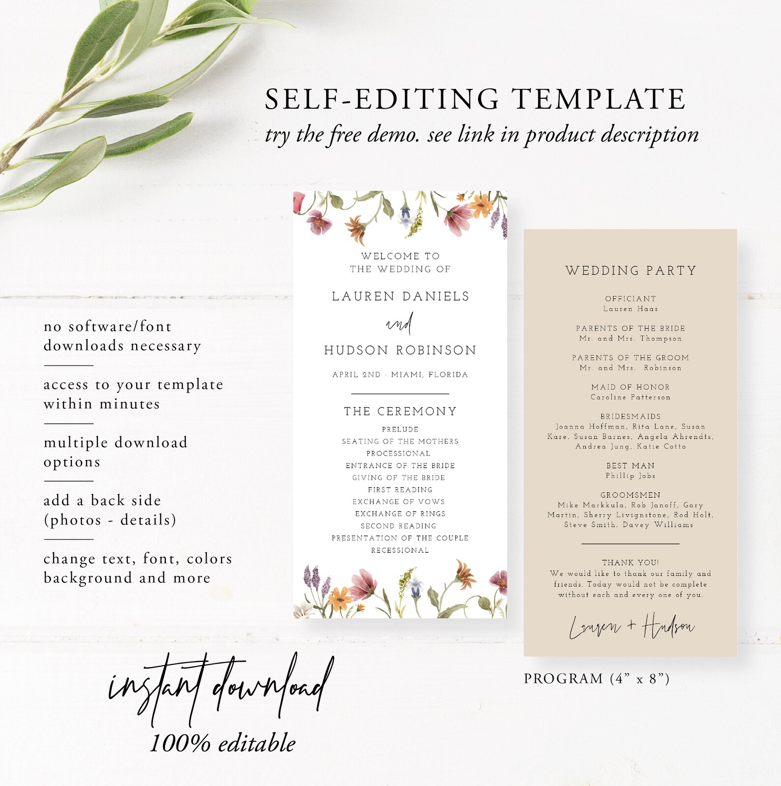 Wildflower Wedding Program Template Floral Wedding Program | Etsy