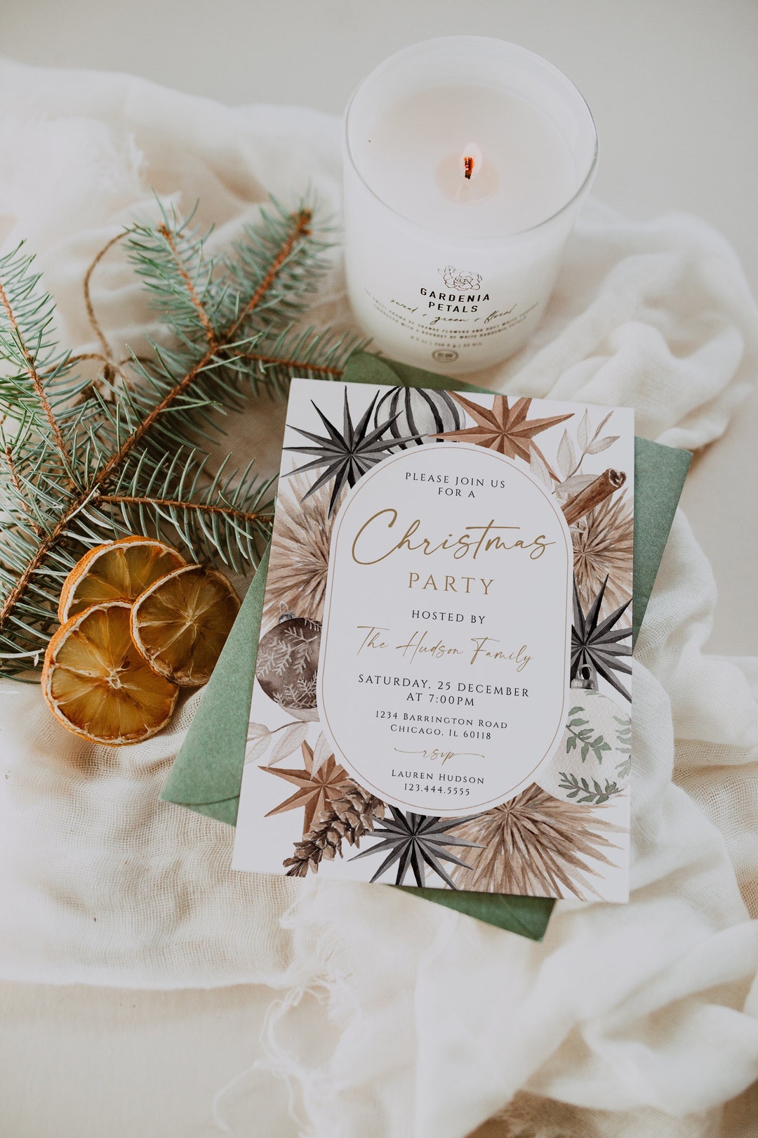 Boho Christmas Party Invitation Template, Editable Christmas Dinner ...