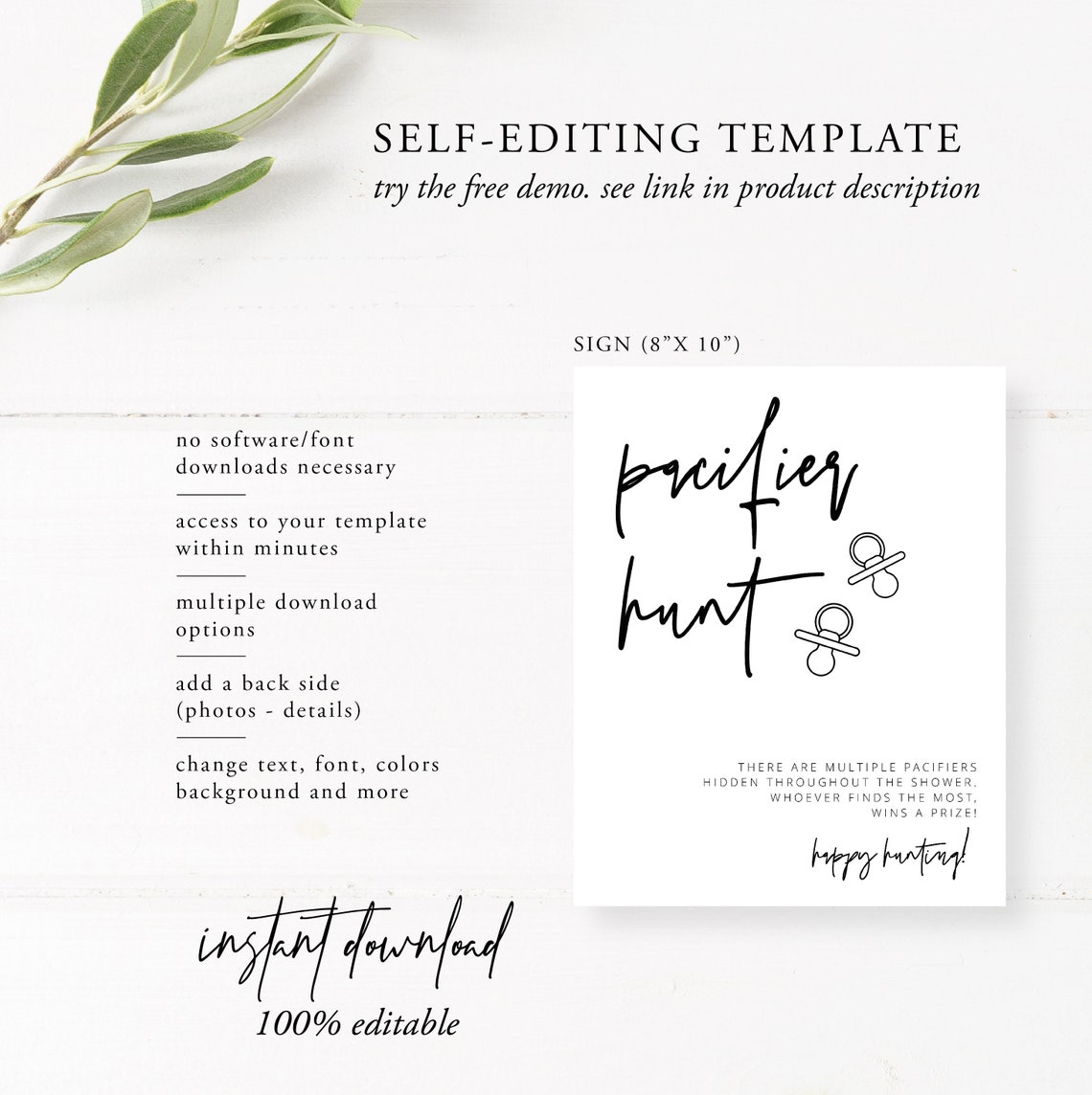 Minimalist Pacifier Hunt Game Template, Modern Baby Shower Game Sign ...
