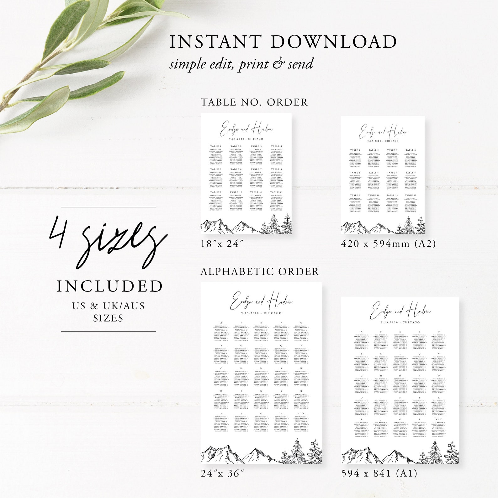 Mountain Seating Chart Poster, Woodland, Printable Wedding Seating Sign ...