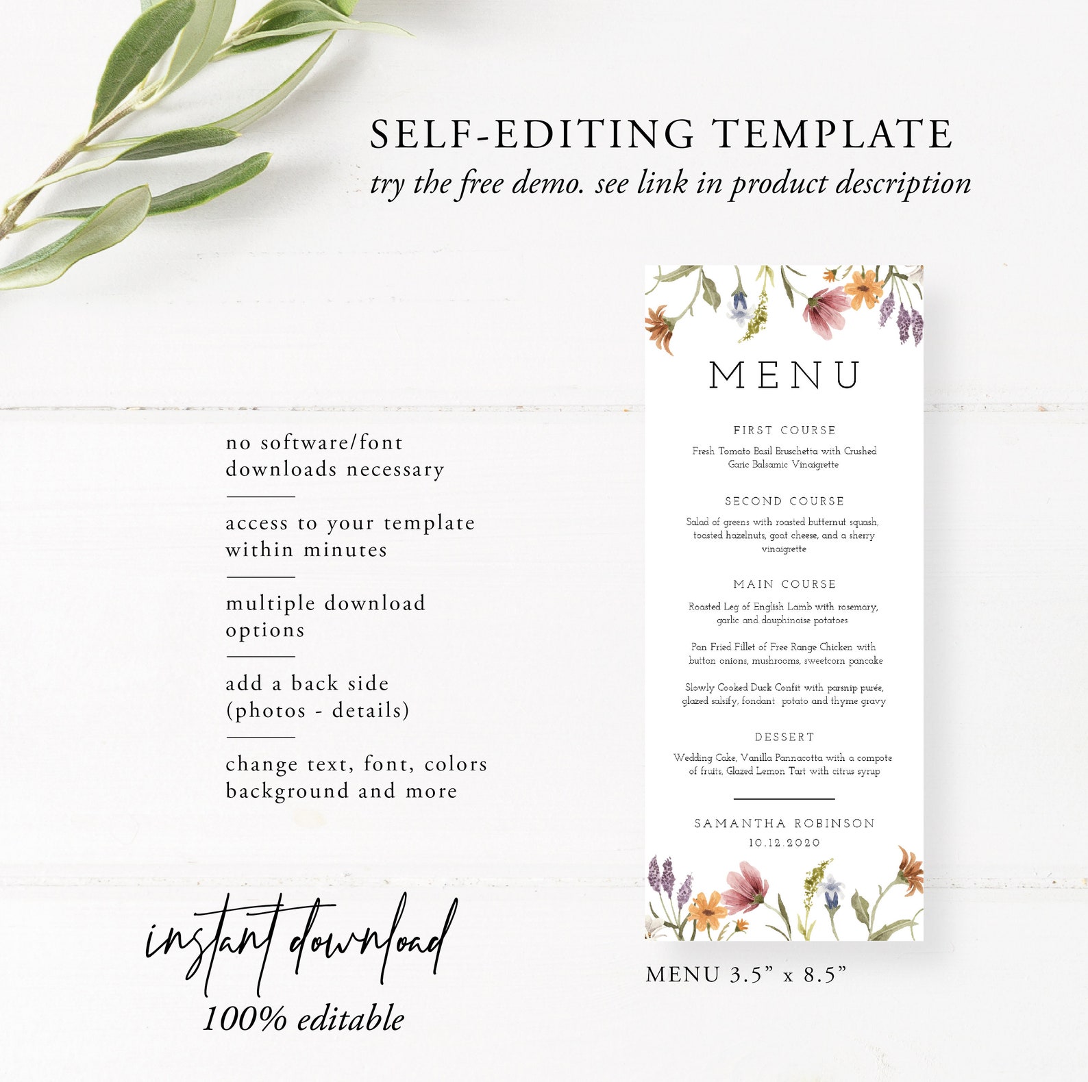 Wildflower Menu Template Sunflower Bridal Boho Bohemian - Etsy