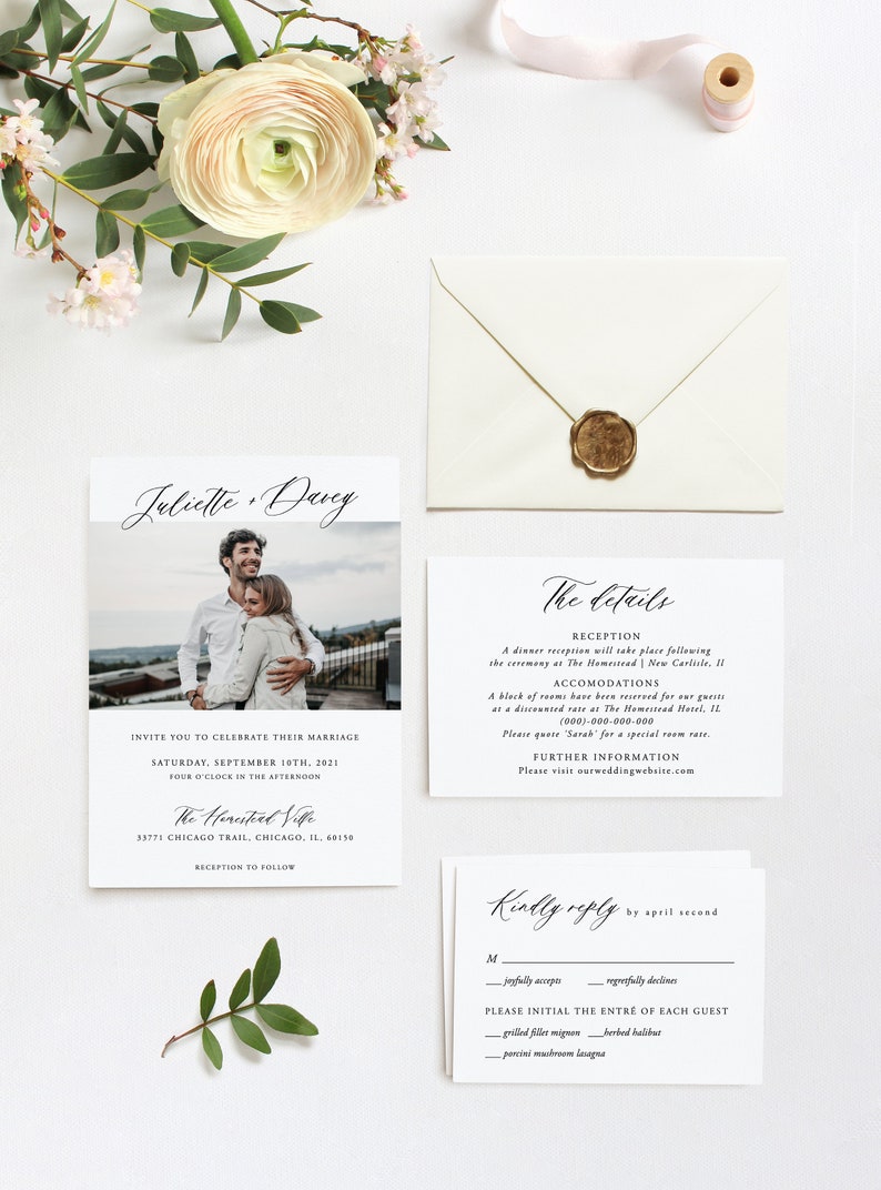 Photo Wedding Invitation Set Calligraphy Elegant Font | Etsy