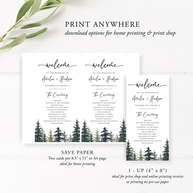Pine Wedding Program Template, Mountain Wedding Program, Rustic Wedding Program, Lake Printable ...