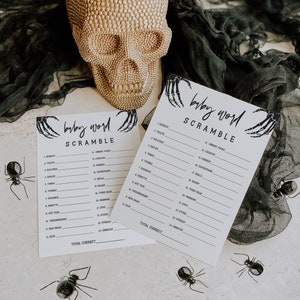 Halloween Word Scramble Baby Shower Game Template, Skull Baby Shower ...