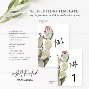 Cactus Table Number Card Template, Cactus Wedding Table Number, Desert ...