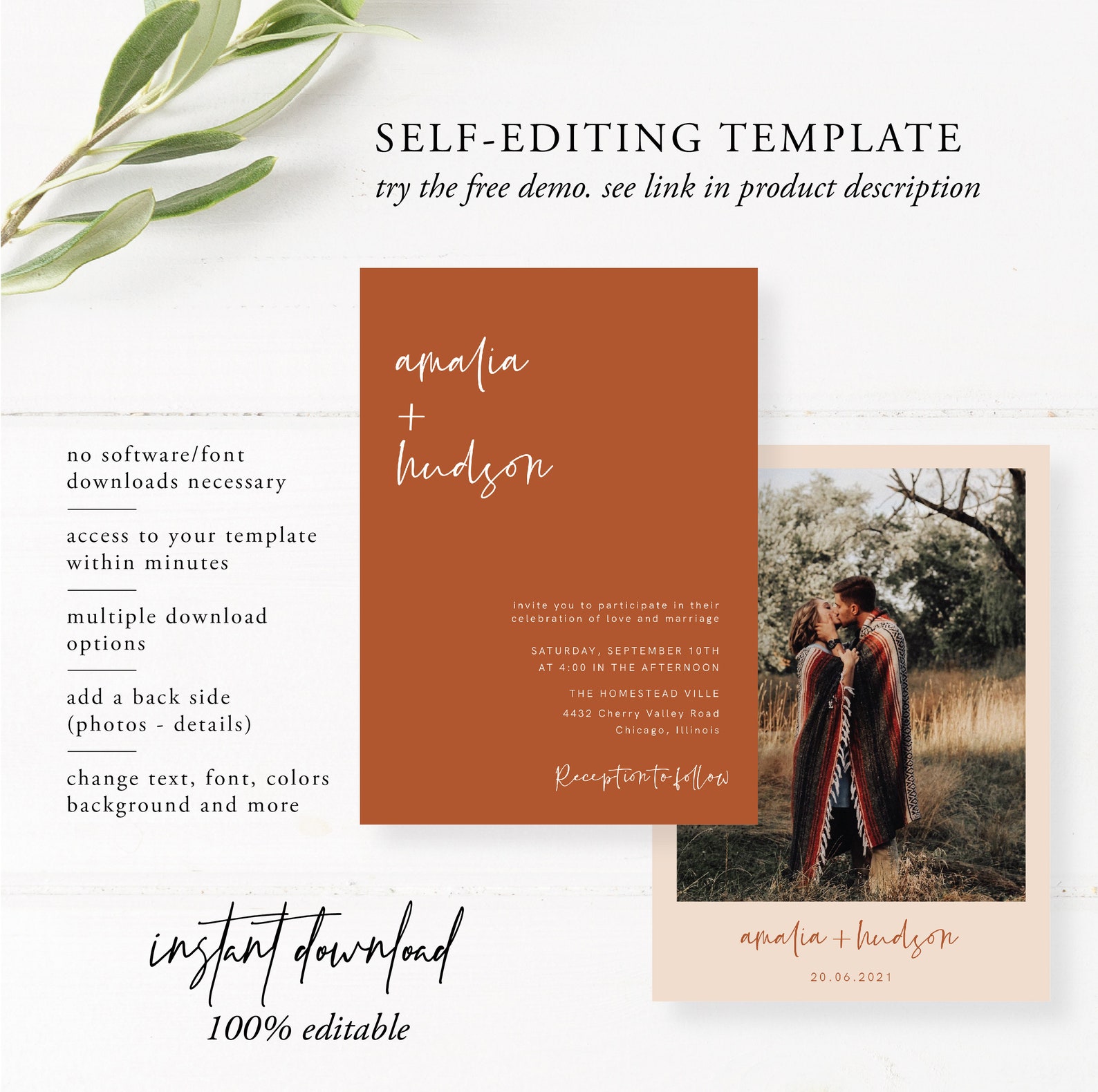 Terracotta Wedding Invitation Template With Photo, Burnt Orange Wedding ...