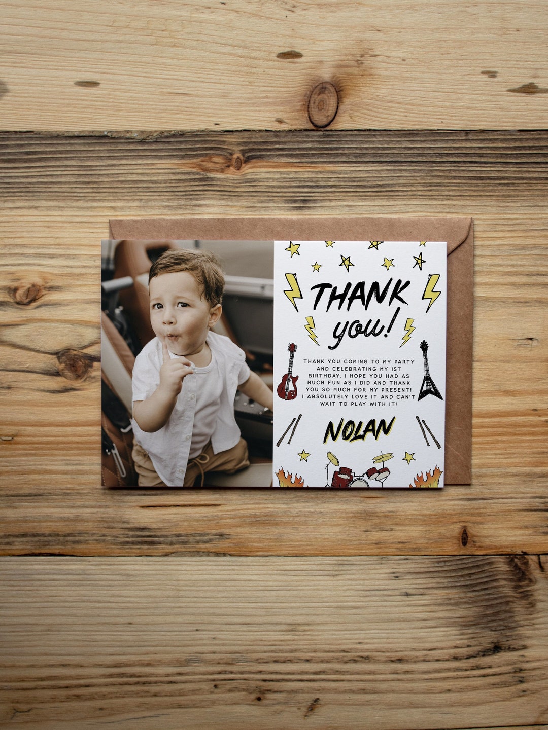 Rock and Roll Thank You Card, 1st Birthday Party Rocked One Year, Rock ...
