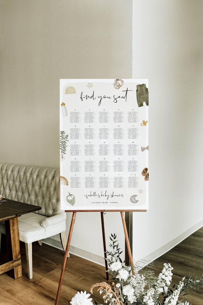 Baby Shower Seating Chart Poster, Clothes Baby, Printable Baby Shower ...