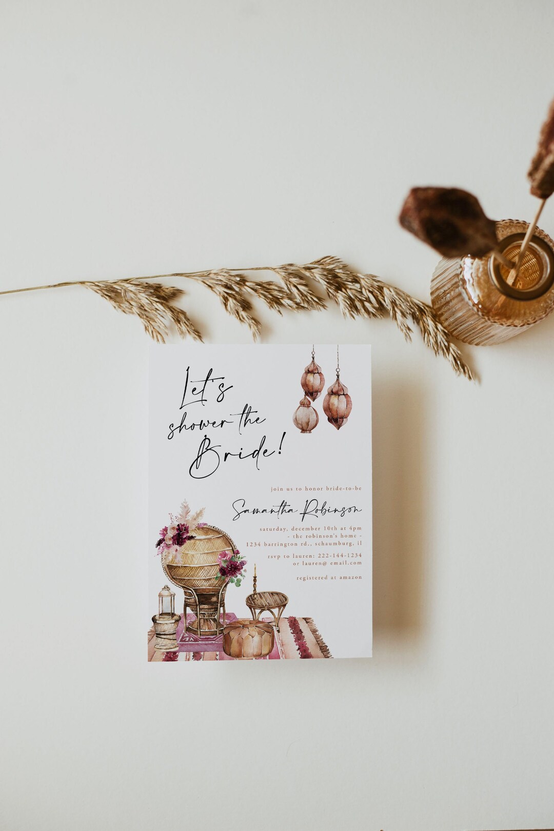 Boho Bridal Shower Invitation, Bohemian, Boho Invites, Burgundy Bridal ...