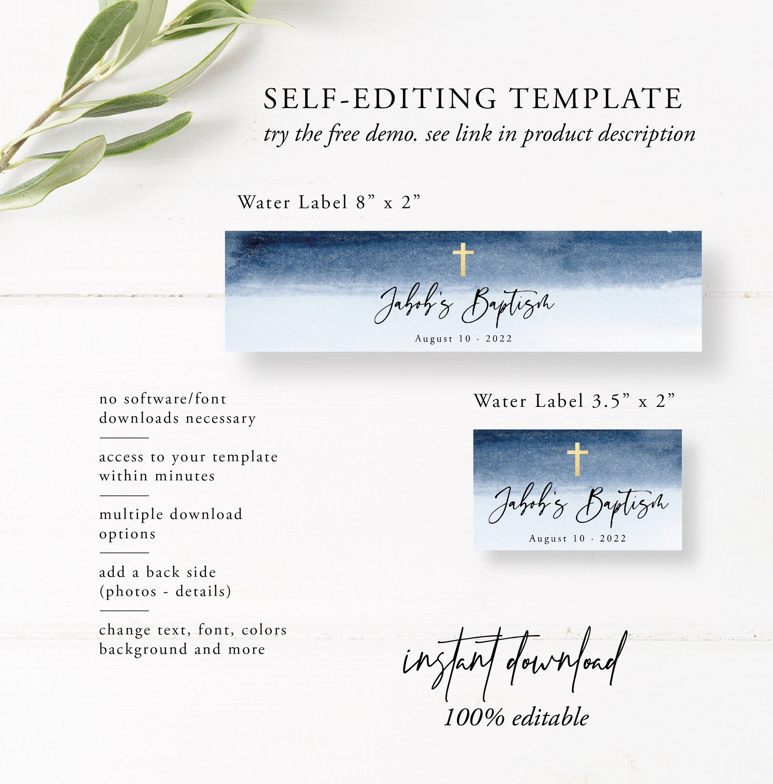 Baptism Bottle Label, Blue Baptism, Gold, Baptism Water Label ...