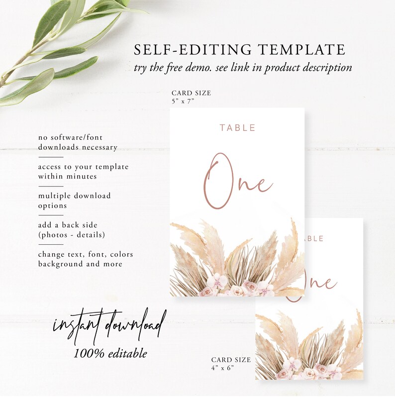 Pampas Table Number Card Template, Boho Table Number, Desert, Wedding ...