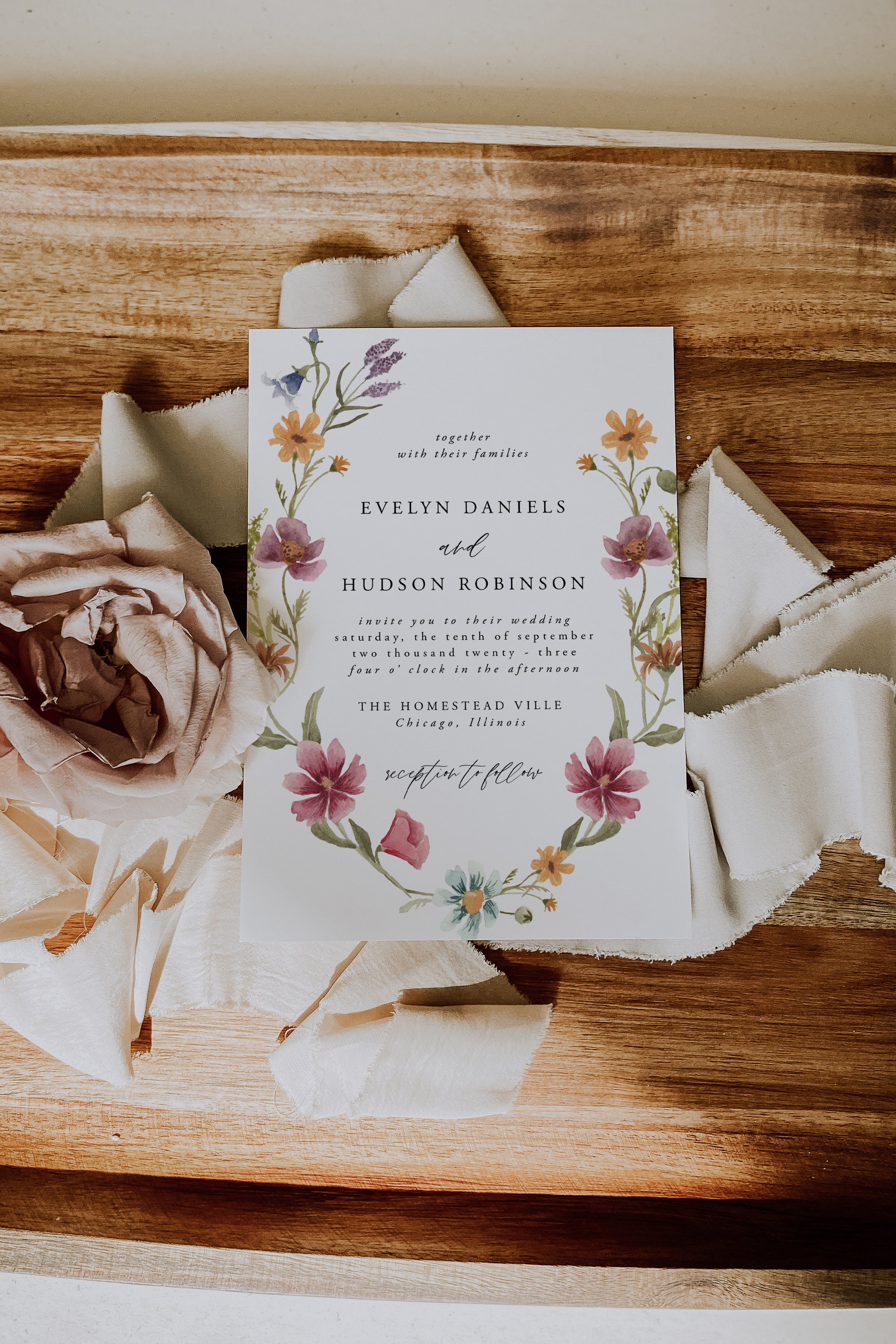Folk Wildflowers Wedding Invitation Template, Wild Flowers Wreath ...