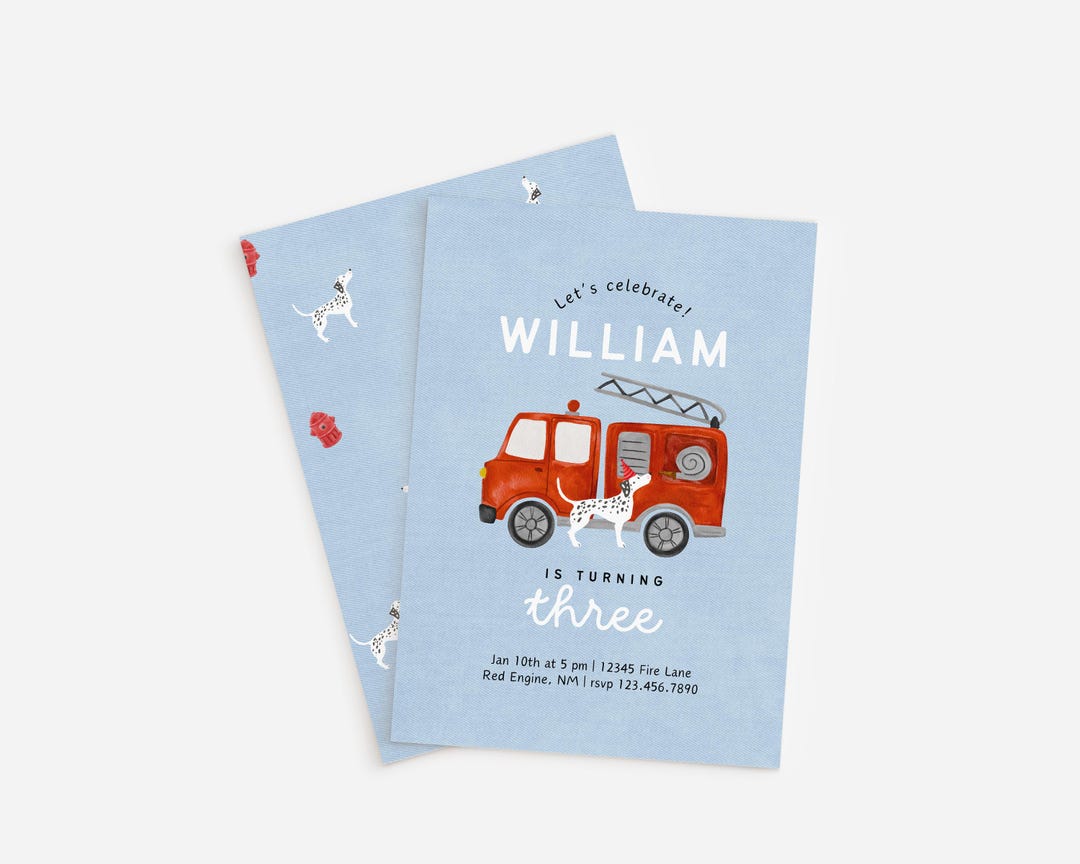 Fire Truck Birthday Invite, Fire Engine, Dalmatian Firefighter ...