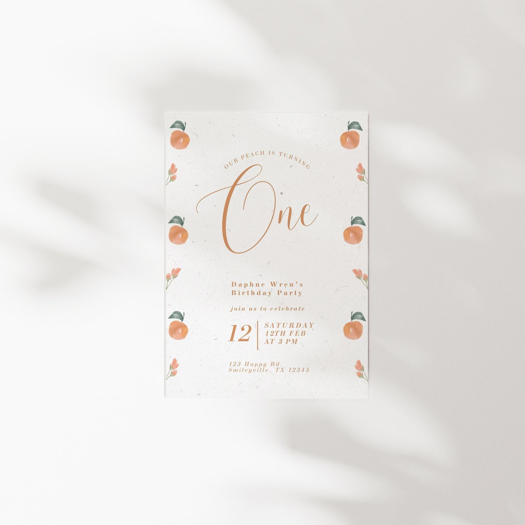 Peach Birthday, Editable Digital Birthday Invite, First Birthday ...
