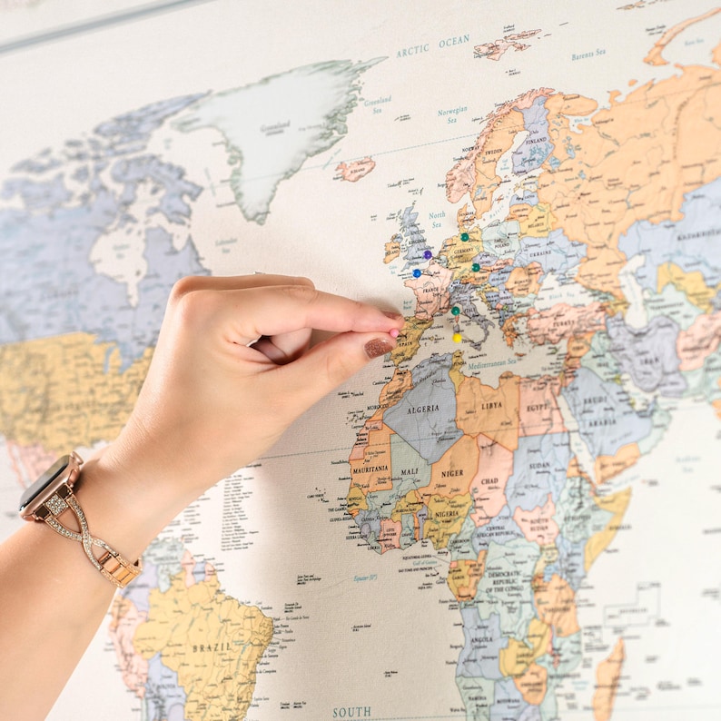 Push Pin World Travel Map – Vibrant Canvas Wall Art With Pins - Etsy