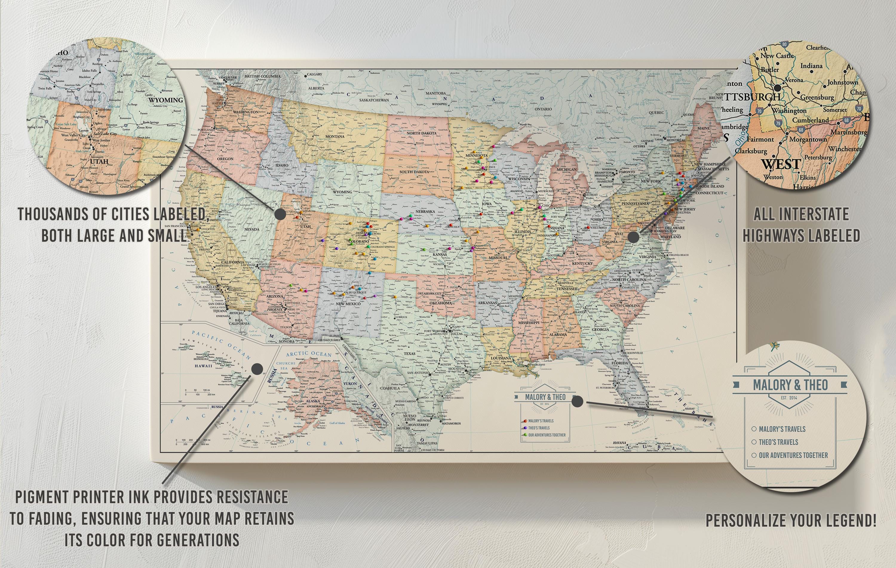 Vibrant USA Push Pin Travel Map - Personalized US Map - 24x16" or 24x36 ...