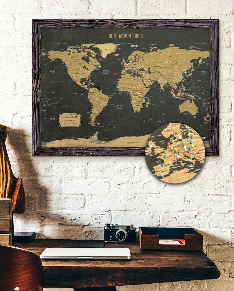 Black and Gold World Travel Map: Push Pin Canvas Wall Art - Etsy