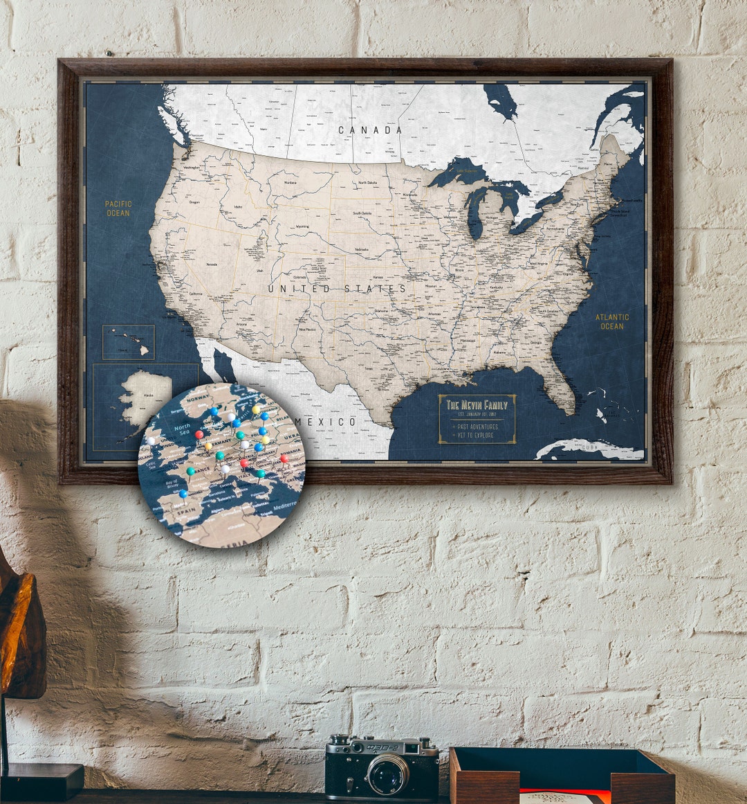 Push Pin Map USA | Personalized Travel Map of the US | Executive Style ...