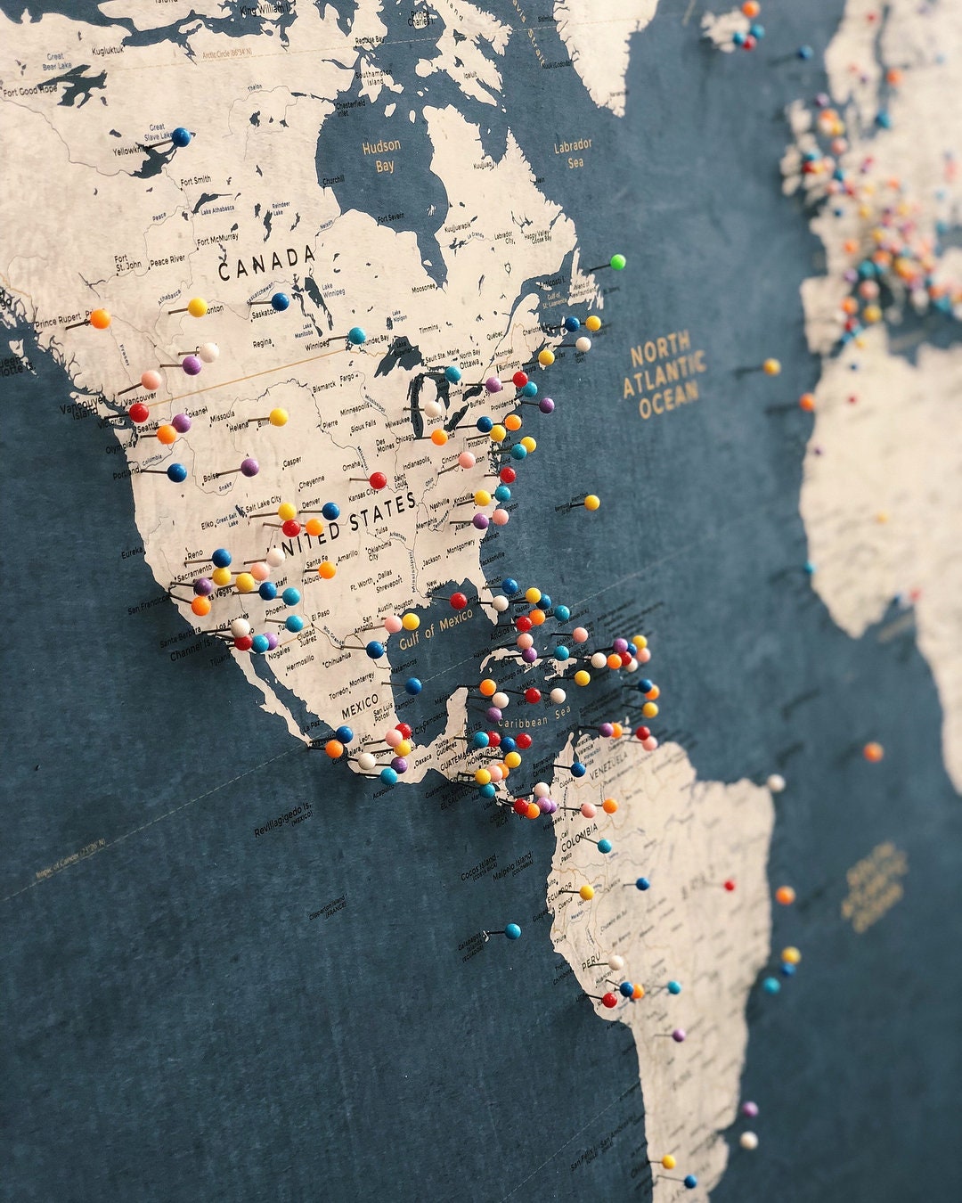 Personalized Push Pin World Map: Blue & Gold Travel Decor - Etsy