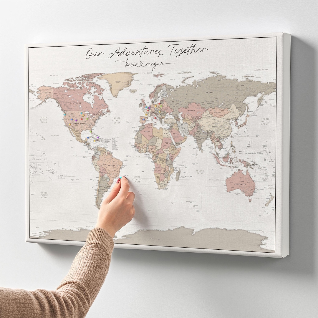Personalized World Map With Push Pins | Custom Heartstrings Map | Couple's Gift for Travelers - Etsy