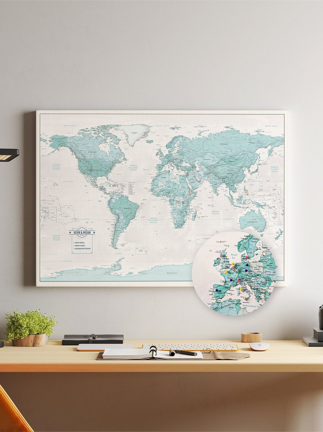 Teal Push Pin Travel Map With Pins - 24x36" or 24x16" Travel Map Canvas ...