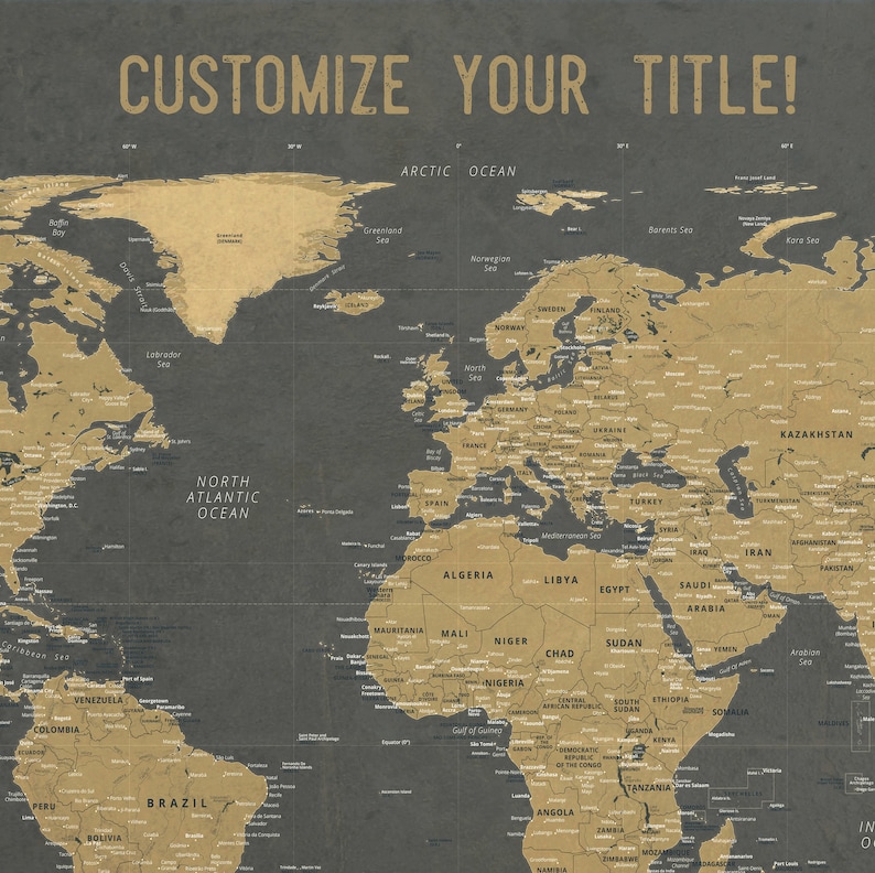Black and Gold World Travel Map: Push Pin Canvas Wall Art - Etsy
