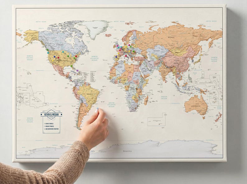 Push Pin World Travel Map – Vibrant Canvas Wall Art With Pins - Etsy